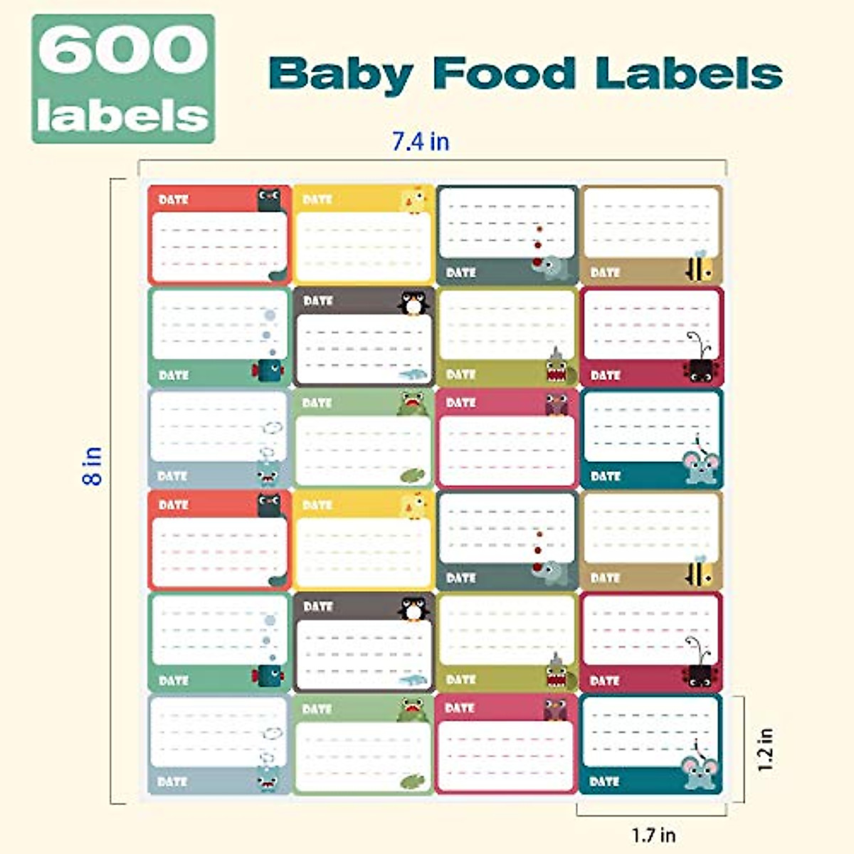 600Pcs Daycare Labels, Removable Write On Baby Food and Bottle Date Labels for Day Care, 12 Animal Designs Cute Stickers, 1.7 x 1.2 Inches