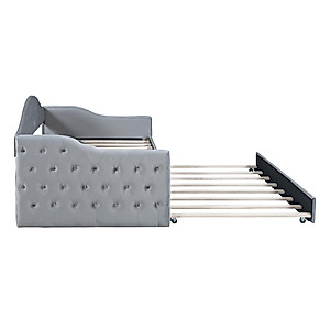 Harper & Bright Designs Twin Daybed with Trundle and USB & Type-C Charging Ports, Modern Upholstered Daybed Frame, Velvet Twin Sofa Bed Frame for Living Room, Bedroom, Gray