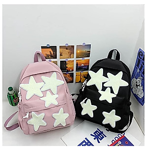 JHTPSLR Preppy Backpack Y2K Aesthetic Backpack Lambswool Stars Patchwork Backpack Cute Kawaii Stars Backpack Supplies Casual Daypack (Black)