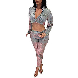 MS Mouse Womens Long Sleeve Jackets and Capris Set Sequin Two Piece Outfits L Silver