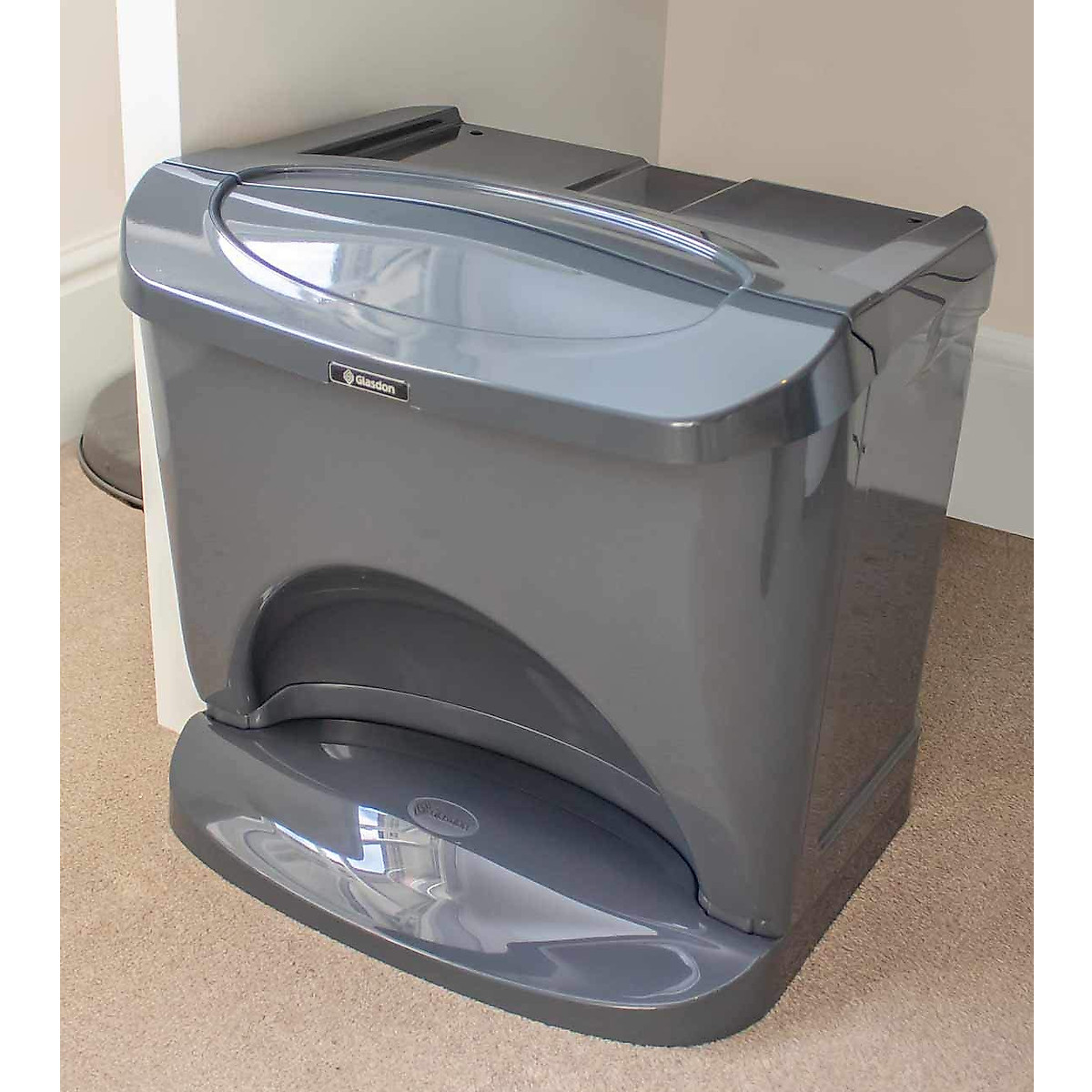 Glasdon Nexus Stack 8G Battery Recycling Bin (Dark Gray, Blue Battery Recycling Decals) – Compact 8-Gallon Stackable Battery Recycle Containers – 1 x 8-Gallon Multi-Waste Battery Bin