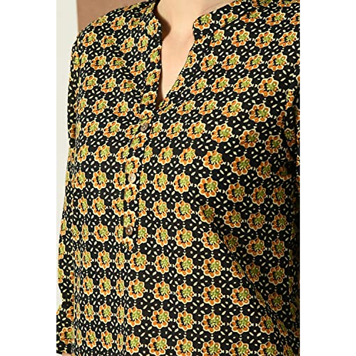 Lagi Women Straight Mandarin Collar 3/4 Sleeves Printed Short Cotton Kurti, Black & Mustard (XS)