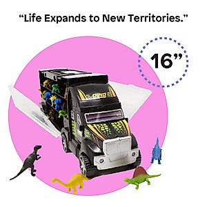 Boley 14 Piece 16" Dinosaur Transport Truck Carrier - Miniature Dino Figures with Semi Truck Trailer Toy - Loadable Miniature Dinosaurs with Portable Truck and Collapsible, Easy-to-Hold Handle