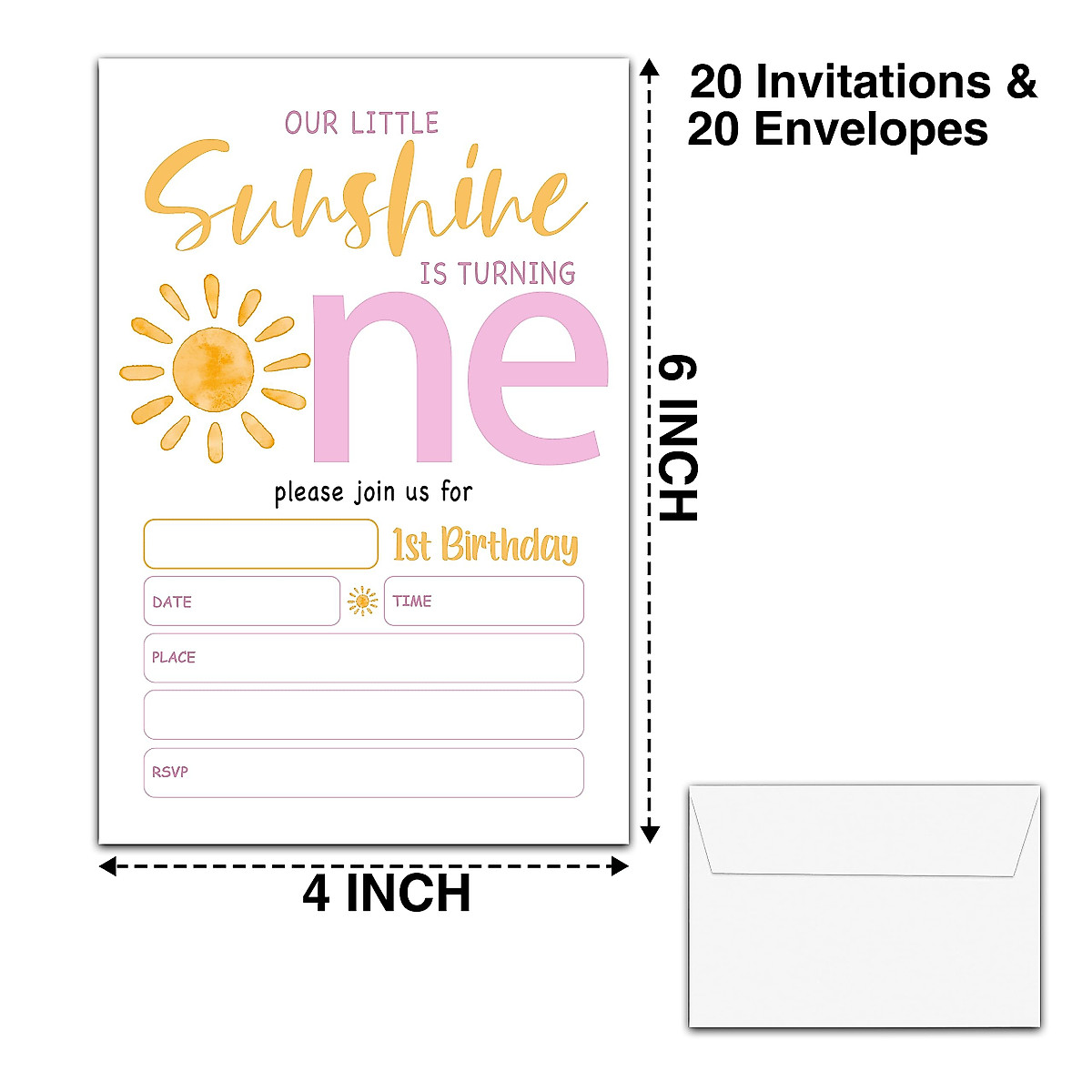 Sunshine 1st Birthday Party Invitations, 20 Invite Cards with Envelopes, 4" x 6" You're My Sunshine Birthday Invites - C10