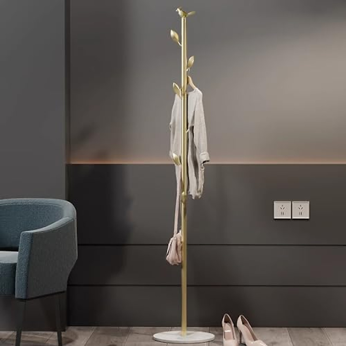 Julenshion Metal Coat Rack Freestanding Coat Tree Clothes Stand with 6 Hooks,Top with Bird, Marble Base for Coats Hats Bags Purses Entryway Hallway Bedroom(Gold