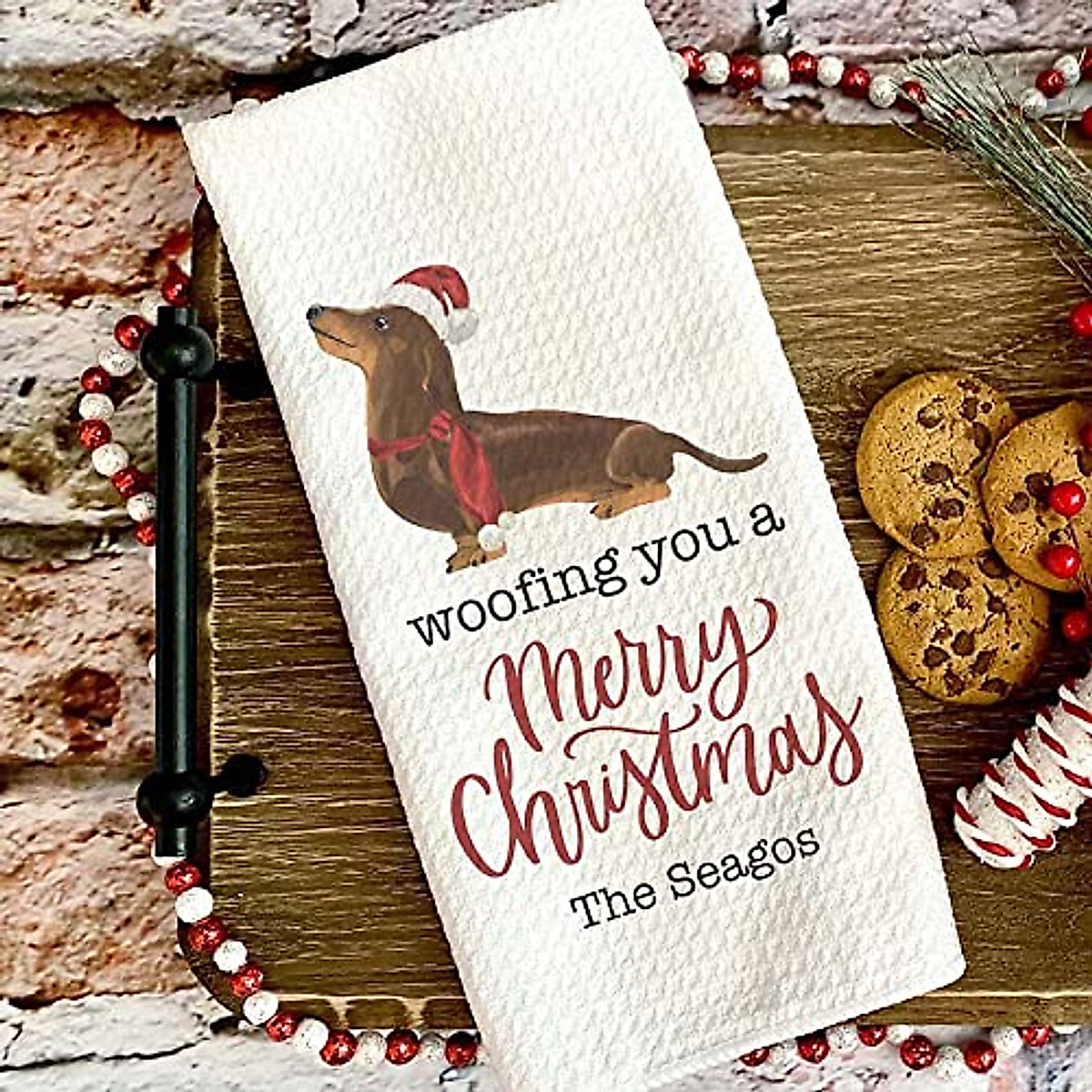 Woofing You A Merry Christmas Kitchen Towel | Personalized Dachshund Tea Towel | Puppy Owner | Golden Retriever Hand Towel | Dog Lover Gift | New Pet Decor (Brown Dachshund)