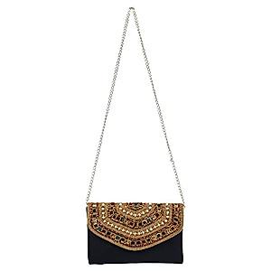 Women's Black and Gold Beaded Envelope Clutch, Luxury Handmade Formal Vintage Evening Bag