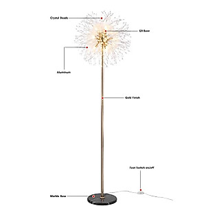 Modern Crystal Floor Lamp, BIGMAII Starburst Firework Floor Lights Sputnik Dandelion LED Standing Lamp 8 Lights with Marble Base in Silver for Living Room Bedroom, 64.5"