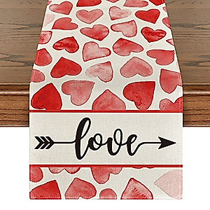 Artoid Mode Watercolor Heart Arrow Love Valentine's Day Table Runner, Seasonal Holiday Kitchen Dining Table Decoration for Indoor Outdoor Home Party Decor 13 x 72 Inch
