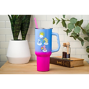 Silver Buffalo Care Bears Featuring Grumpy Bear, Funshine Bear, and Love-A-Lot Bear Heart Showers Ombre Stainless Steel Tumbler with Handle and Straw, Fits in Standard Cup Holder, 40 Ounces