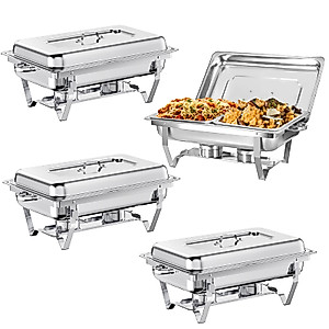 EVGTTI Chafing Dish Buffet Set 8 QT Stainless Steel, Half Size Pan, Buffet Servers and Warmers Chaffing Servers with Covers Folding Stand Food Warmer for Parties Buffets (4-Pack)