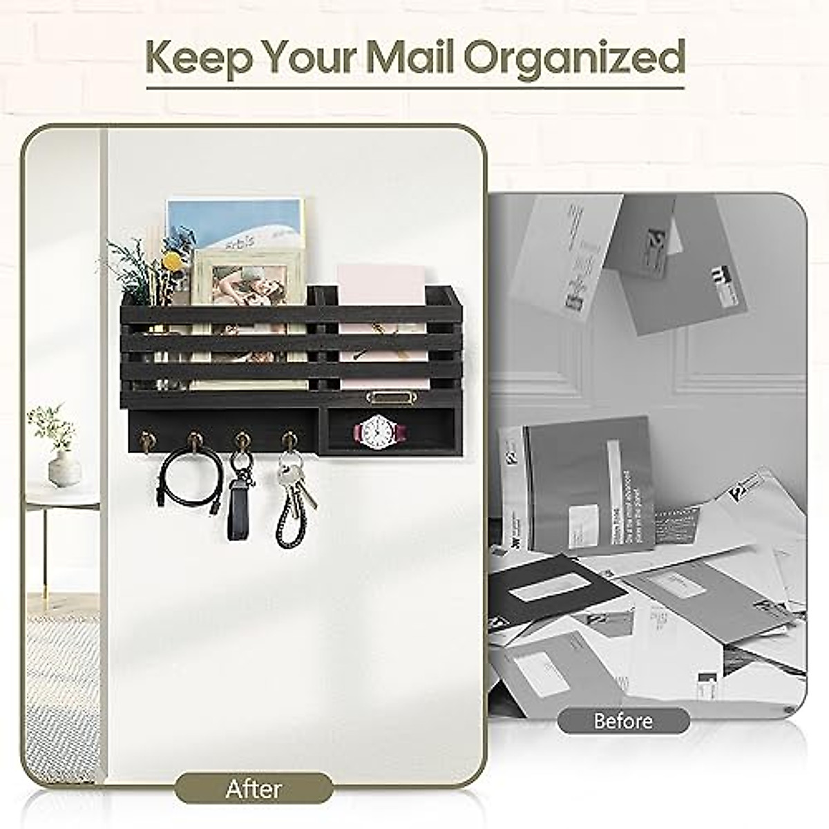 FifthQuarter Key Holder for Wall: Easy Mounted Key Rack and Mail Organizer with Store Shelf and Four Sturdy Keys Hooks Decor in Kitchen|Farmhouse|Entryway|Mudroom (Black)