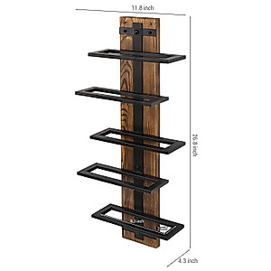 MyGift 5 Tier Rustic Burnt Wood & Industrial Black Metal Wall Mounted Wine Rack Bottle Display Storage Shelf Decorative Organizer