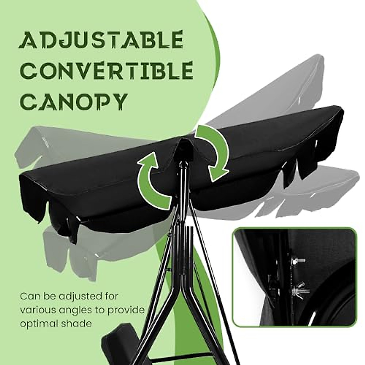 HECASA 3-Person Outdoor Swing Chair, Steel Porch Swing with Convertible Canopy & Removable Cushion for Patio, Garden, Poolside, Balcony and Backyard - Black