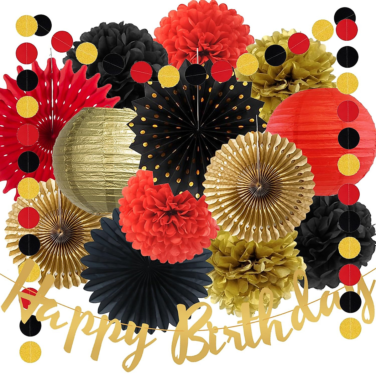 Red Black Gold Birthday Party Decorations Paper Lanterns Pom Poms Flowers Fans Casino Theme Party Decorations for Birthday Wedding Anniversary Bridal Shower Bachelorette Baby Shower Party