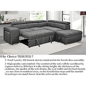 THSUPER 104'' Microfiber Sectional Sleeper Sofa with Pull-Out Bed, Sofa with Chaise & Storage Ottoman. 5 Seater L-Shaped Couch with Adjustable Headrest and Stools. Charcoal Grey