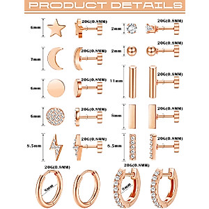 FASACCO 10Pairs Flat Back Earrings for Women Men - Hypoallergenic 14K Gold Plated Stainless Steel Flatback Stud Small Huggie Hoop Earrings 20G Tiny Gold Stud Earring Sets for Multiple PIercing Rose