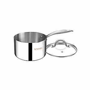 VENTION Tri-Ply Stainless Steel 1 Quart Saucepan with Lid, Bright Small Sauce Pan with Pour Spout, Small Pots for Cooking, Right Hand