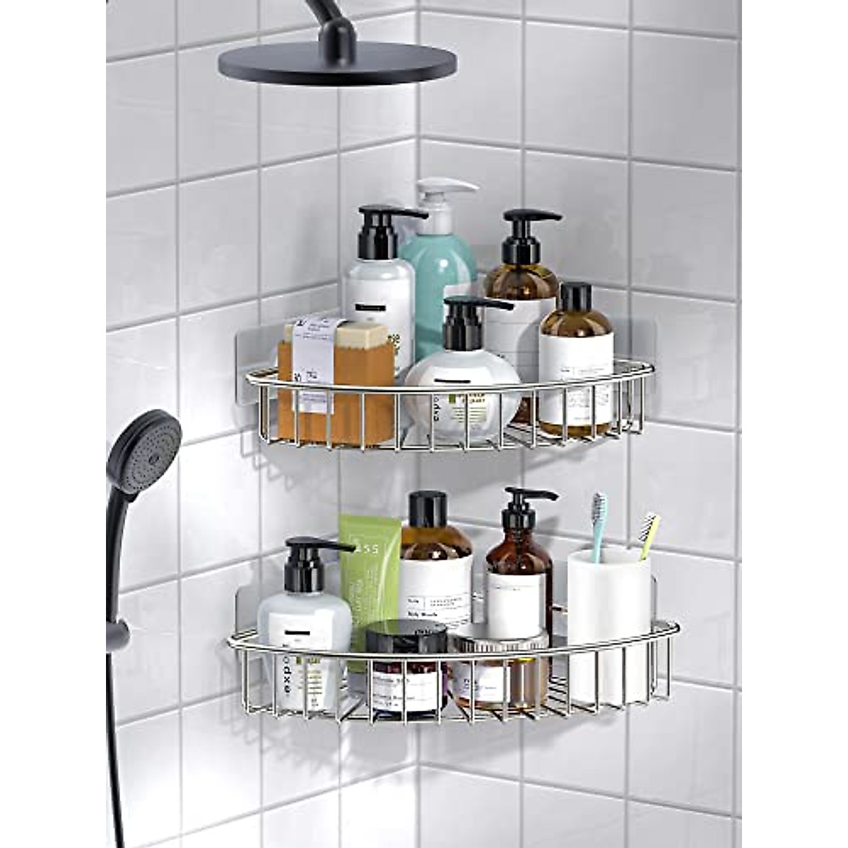 SMARTAKE 2-Pack Corner Shower Caddy, SUS304 Stainless Steel, Wall Mounted Bathroom Shelf with Adhesive, Storage Organizer for Toilet, Dorm and Kitchen (Silver)