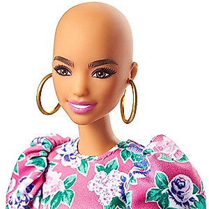Barbie Fashionistas Doll #150 with No-Hair Look Wearing Pink Floral Dress, White Booties & Earrings, Toy for Kids 3 to 8 Years Old
