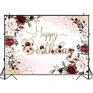 Avezano Happy Birthday Backdrop for Women Burgundy White and Red Rose Gold Glitter Bokeh Spots Photo Background Vinyl Birthday Party Decorations Banner Supplies (7x5ft)
