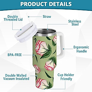 Adornlife Flower Rose Green 30 oz Tumbler with Handle and Straw Lid, 100% Leak-proof Travel Coffee Mug, Stainless Steel Insulated Cup For Beverages, Cupholder Friendly