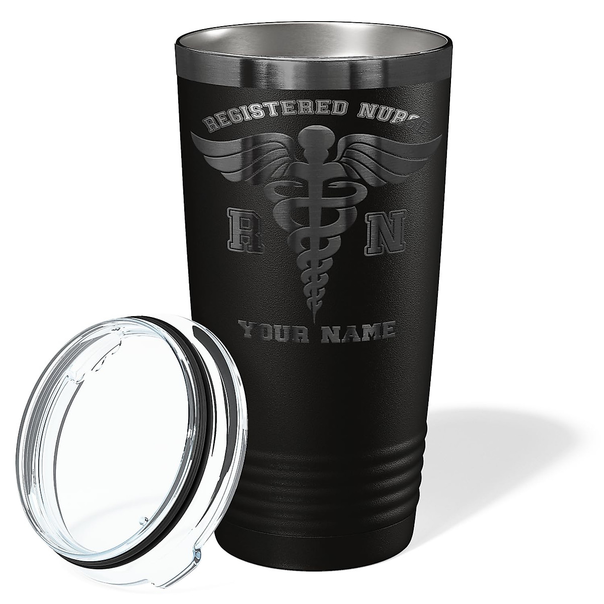 RN Registered Nurse Gift, Nursing School on Black with Ion Ghost Black Design 20 oz Stainless Steel Tumbler with Lid - Insulated Cup - Travel Mug