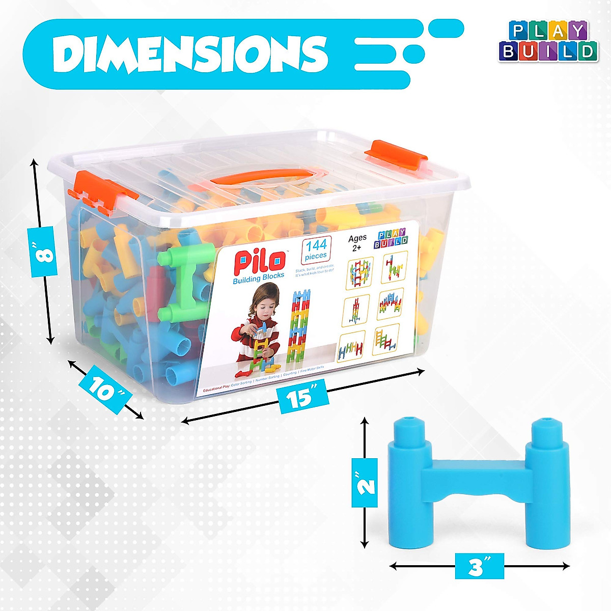 PlayBuild Pilo Building Blocks - H Blocks Bridge Constructor Stacking Toy - Fun Educational Construction Toys - Pillar Arch Aqueducts Build with Easy Plastic Storage Container