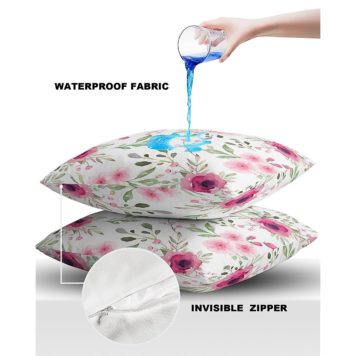 ALAGEO Outdoor Waterproof Pillow Covers for Patio Furniture Pink Flowers Decorative Throw Pillow Cover Spring Style Floral Pillowcases Set of 2 Cushion Case for Sofa Couch Chair Home Decor 18x18 inch