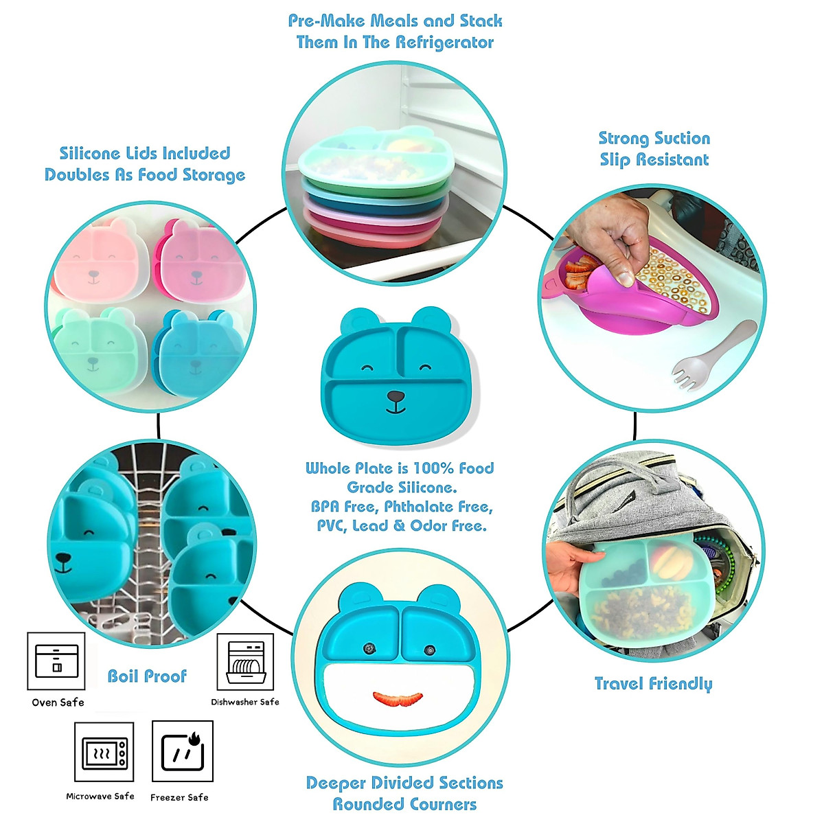 ANKSO Innovations 2 Pack-Silicone Suction Toddler Plates with Lids Divided| Baby Plates with Suction and Lids| BPA Free| Microwave/Dishwasher Safe| Divided Plates for Kids (Blue/Green)