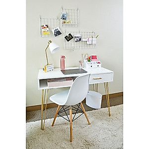 mDesign Metal/Wood Modern Computer Desk - Minimalist Desk and Computer Table with Drawer - Simple Desk with Storage Cubby and Hairpin Legs - Small Work Desk for Home Office, Study - White/Soft Brass
