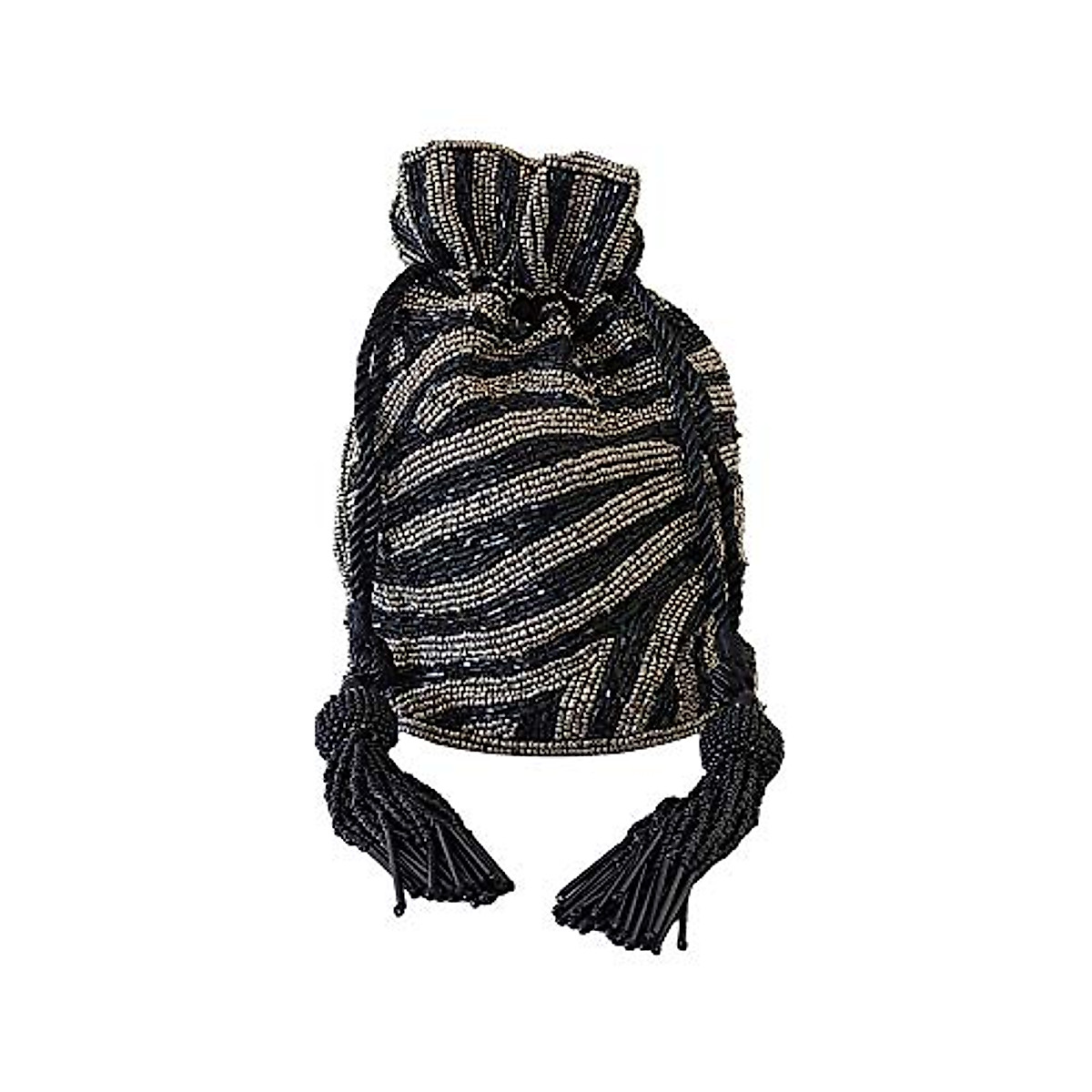 CRAFT BAZAAR Women Handmade Indian Potli Bag, Bead Zebra Bag, Standing Drawstring Purse, Mini Bucket Bag With Wristlet and Tassels