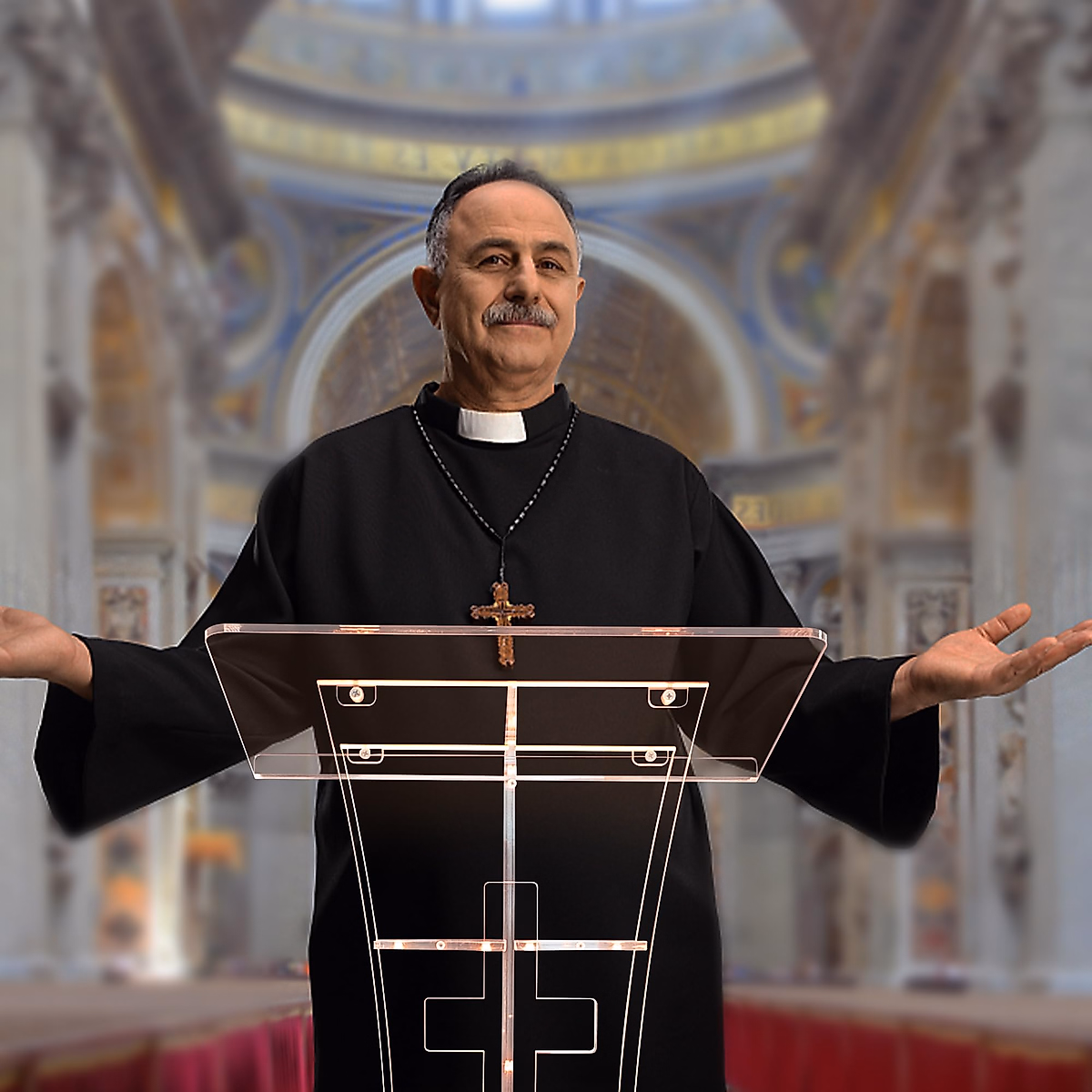 GOJLEX Church Pulpit with Led Lights, 43” Cross Acrylic Church Podium with Large Reading Platform, Transparent Lecterns for Churches, Weedings (23.6” L*15.7”W *43”H)