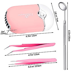 Honoson USB Lash Fan Dryer Handheld Air Conditioning Blower Mini Portable Rechargeable Eyelashes Dryer Fans with Tweezers and lash Inspection Mirror for Eyelash Extension Women