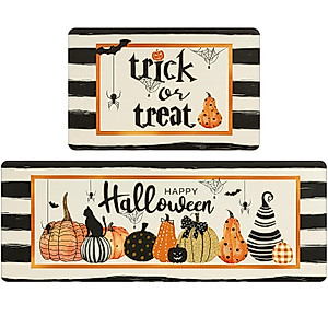 Pauwer Halloween Kitchen Mat Set of 2, Trick or Treat Anti Fatigue Kitchen Rugs Fall Decor, Non Slip Pumpkin Kitchen Runner Rug Set, Cushioned Waterproof Kitchen Foam Mat for Floor