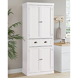 LOUVIXA 72" Kitchen Pantry Storage Cabinet, Freestanding Cupboard with 2 Cabinets, Drawer and Adjustable Shelves, Tall Storage Cabinet for Kitchen, Dinning Room, Living Room (White)