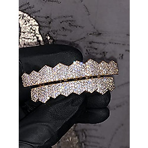 Shop-iGold 14k Gold Plated Iced Out Bling Gold Grillz for Mouth Top Bottom Hip Hop , 8 Teeth Grills for Teeth Mouth Set