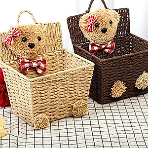 DOITOOL Woven Storage Baskets Storage Basket Willow Basket Rustic Hanging Woven Storage Bin Desktop Sundries Makeup Basket with Lid Handle Multifunctional Wicker Organizer Brown Woven Storage Basket
