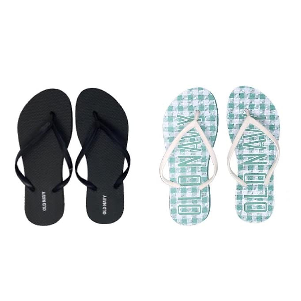 Old Navy Women Beach Summer Casual Flip Flop Sandals (11 Green Plaid Logo & Black Flip Flops) with Dust Cover