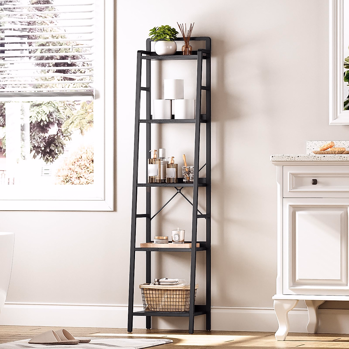 HOOBRO 5-Tier Ladder Shelf, Narrow Bookshelf, Industrial Bookcase, Skinny Bookshelf for Small Spaces, Corner Storage Shelf for Home Office, Living Room, Black BB35SJ01