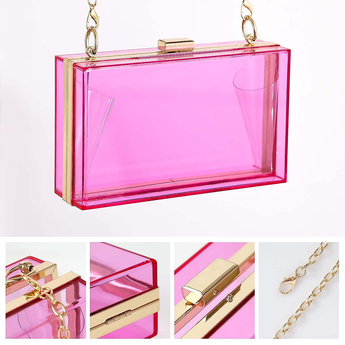 WJCD Women Clear Purse Acrylic Box Clutch Handbag, Small Transparent Crossbody Evening Bag Stadium Approved Gold Chain Strap (Purple 2 chains)