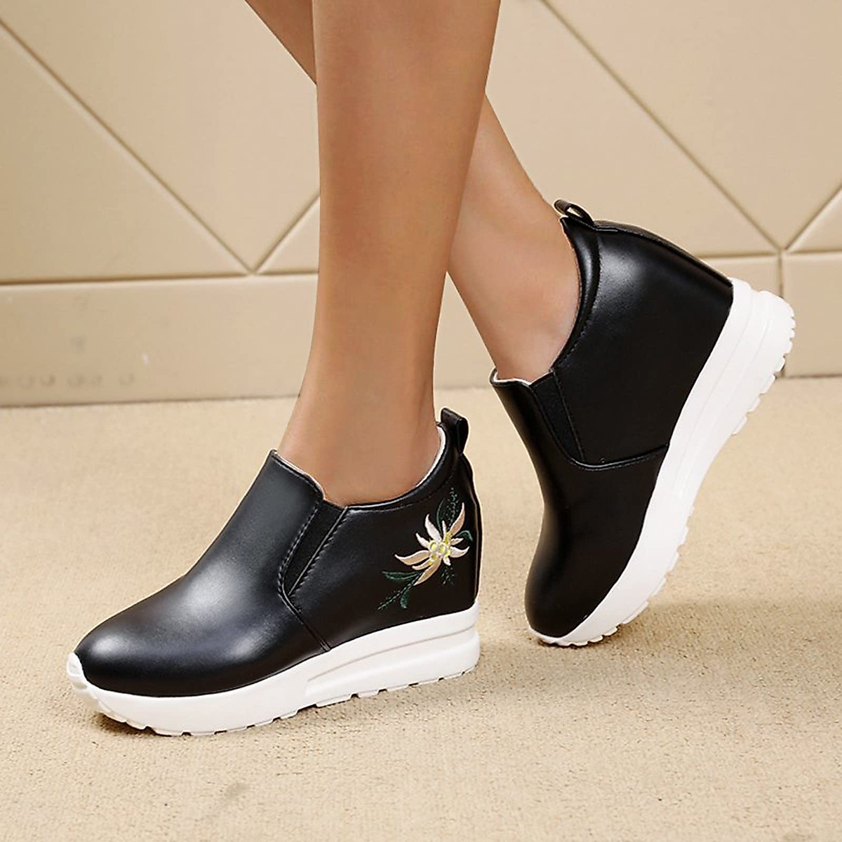 NONGJXCR Womens Casual Shoes Sneakers Fashion Women's Slip-on Casual Heel Wedges Leisure Breathable Shoes Outdoor Women's Casual Shoes Blue and Black Casual Shoes