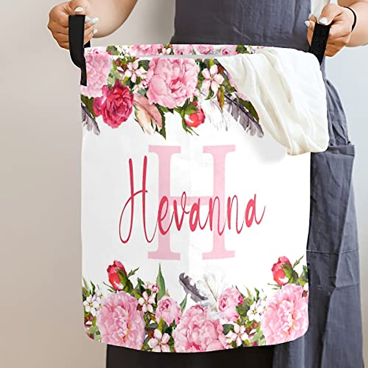 Personalized Baby Laundry Basket Flower Floral Custom Nursery Hamper Collapsible Organizer Storage Bedroom Decor for Girls Adults Women (Floral 10)