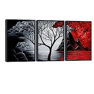 Wieco Art Large Size Framed Art Canvas Art Prints Wall Art the Cloud Tree Abstract Pictures Paintings for Bedroom Home Office Decorations Contemporary Artwork 3 Panels Black Frames