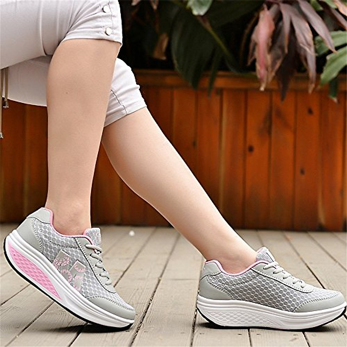 CN-Porter Ladies Soft Rocker Shoes Womens Mesh Sports Tennis Shoes Lace Up Wedges Platform Shoes Lightweight Fitness Walking Shoes Grey, 7