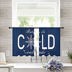 AmbeHome Semi Sheer Curtain Rod Pocket Kitchen Curtains, Christmas Sheer Window Curtains 54 Inch Length 2 Panels Set, Voile Window Drapes for Bedroom Living Room Cold Winter Snowflakes Blue Backdrop