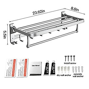MUSTORN Towel Rack Wall Mount for Bathroom with Towel Bar and Hooks 23.6 in Foldable Towel Shelf Lavatory Towel Organizer Matte Silver