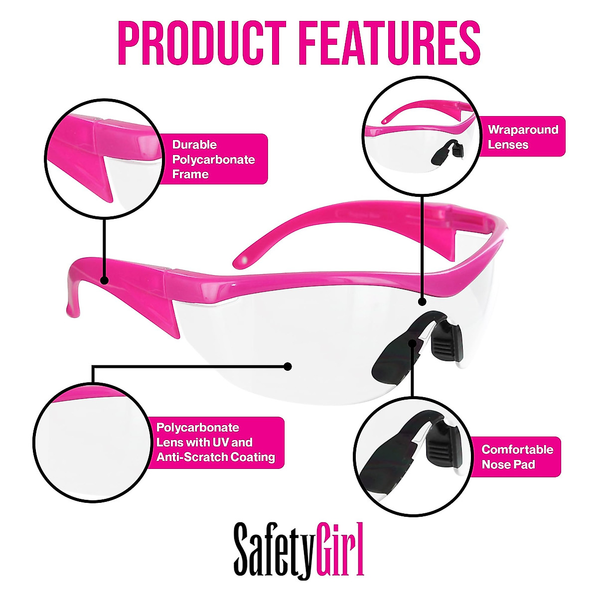 Safety Girl Navigator Safety Glasses | Safety Glasses for Women | Safety Glasses with Navigator | Anti-Scratch Glass | Pink Clear