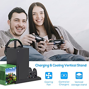 MENEEA Charging Stand with Cooling Fan for Xbox Series X Console and Controller,Vertical Dual Charger Station Dock Accessories with 2 x 1400mAh Rechargeable Battery and Cover Storage (Black)