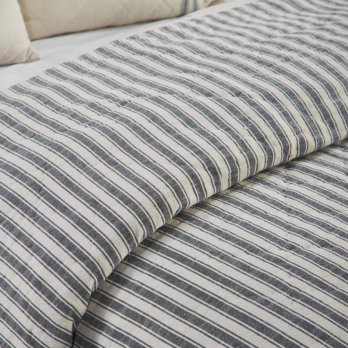 Piper Classics Market Place Gray Queen Quilt, 100% Cotton with Gray Ticking, Hand Quilted Grain Sack Bed Spread Bedding for Boho, Shabby Chic and Rustic Farmhouse Decor (90”x90”) …